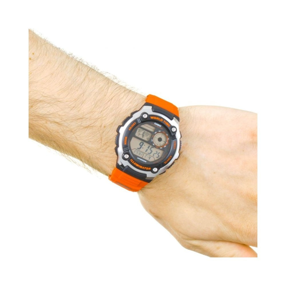 casio orange sports digital world time watch with orange resin strap